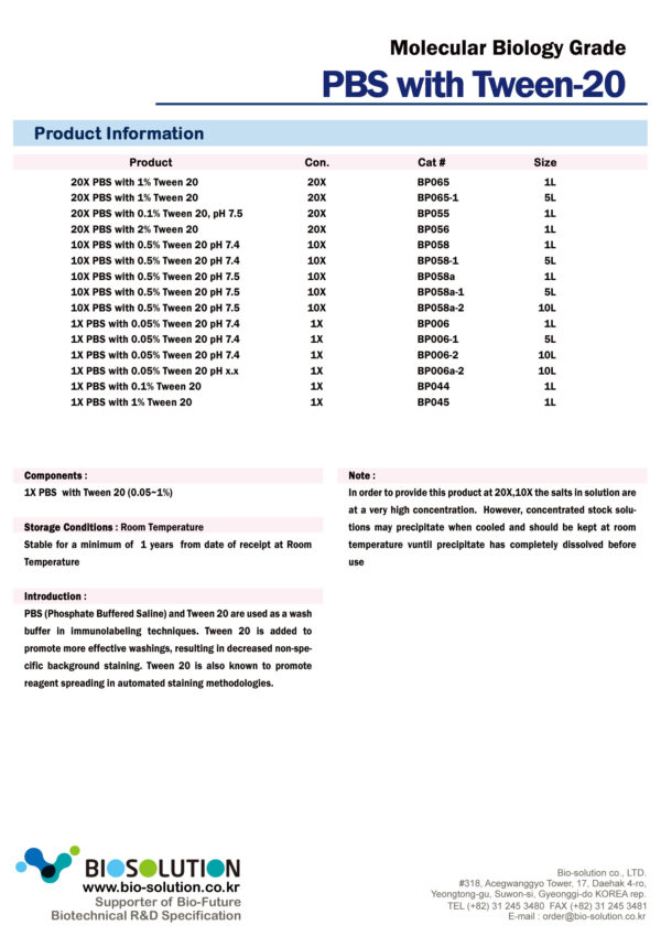 [BP056] 20X PBS with 2% Tween-20 – Biosolution